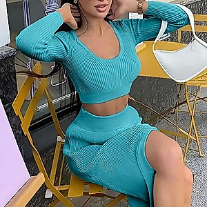 EOJN Women's Sexy 2 Piece Outfits Dress Set Long Sleeve Crop Sweater Top,Ribbed Knitted Midi Bodycon Skirt Set