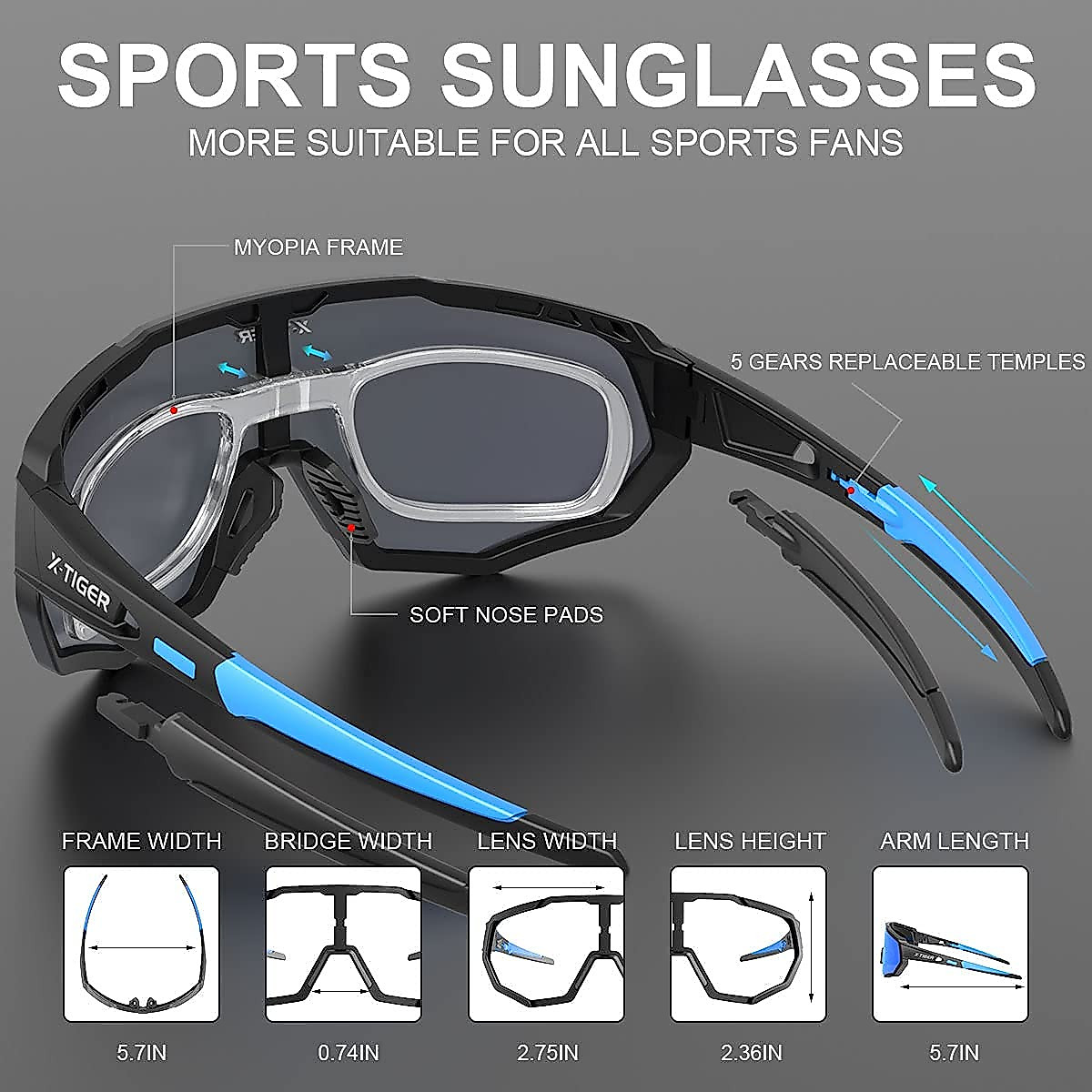 X-TIGER Polarized Sports Sunglasses with 5 Interchangeable Lenses,Mens Womens Cycling Bike Glasses,Baseball Running Fishing Golf Driving Sunglasses