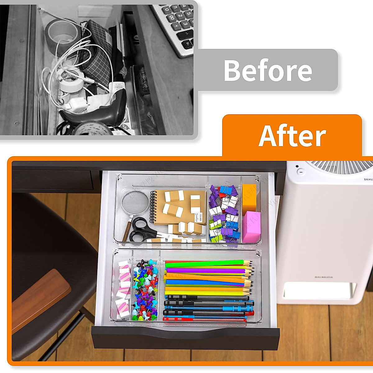 Cq acrylic Clear In Drawer Organizer Set With 24 Adjustable Size Compartments Plastic Drawer Dividers Organizer Bins for Bathroom,Bedroom,Vanity,Desk Drawer Makeup Organizer Trays,Set of 8