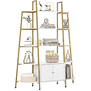 finetones Triple Wide 5-Tier Bookcase with Cabinet, White Bookshelf with Gold Metal Frame, Industrial Style Free Standing Bookshelf, Adjustable Feet, Large Open Display Shelves for Home & Office