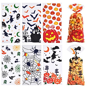 Lodeihoo Halloween Candy Bags Treats Bags, 100 PCS Halloween Plastic Clear Candy Bags 6 Styles with 100 PCS Twists for Snacks Candy Cookies Packing Halloween Party Favors