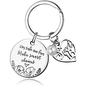 FAMOORE Stay Safe Have Fun Make Good Choices Sweet 16 Years Old Girl Gifts for Birthday, 16th teenage Drivers Keyring, New Driver or Graduation Keychain, Silver, Medium