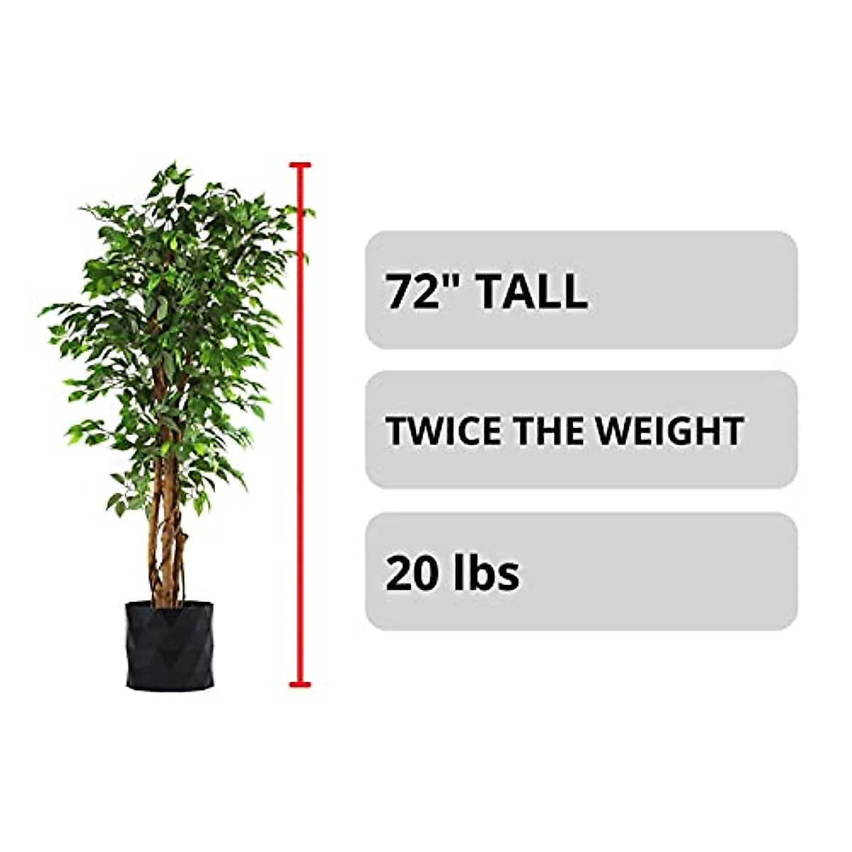 Deluxe 6 Feet Tall FICUS Silk Leaf Artificial Tree + 8" Base + 12" Plant Pot Skirt. 18 Feet of Vine Adorn Wide Real Trunks with Green Leaves Allowing Maintenance Free in-Door and Outdoor Use