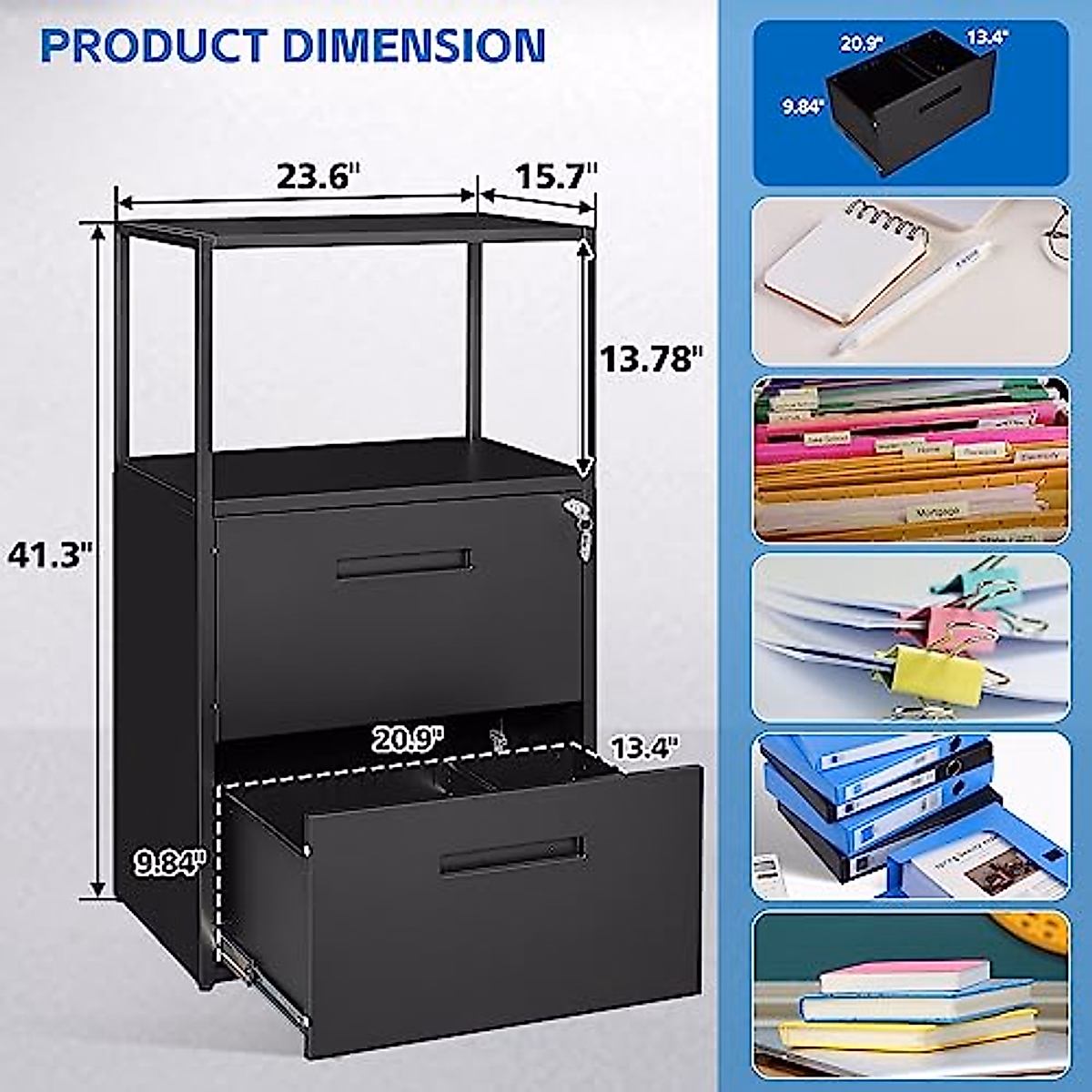 BYNSOE 2 Drawer Lateral File Cabinet with Shelving Metal Filing Cabinet with Lock Office Home File Cabinet for A4 Legal/Letter,Assembly Required (Black, 2 Drawers with Shelving)