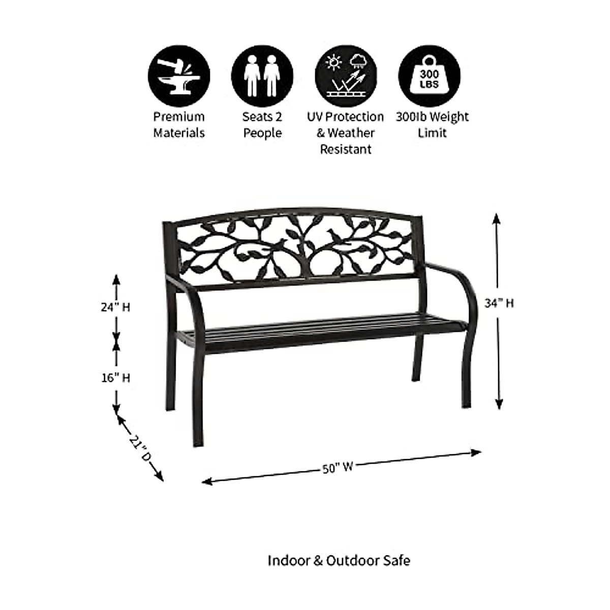 Plow & Hearth Weatherproof Tree of Life Outdoor Bench | Holds Up to 300 lbs | Garden Patio Porch Park Deck | Metal | Black