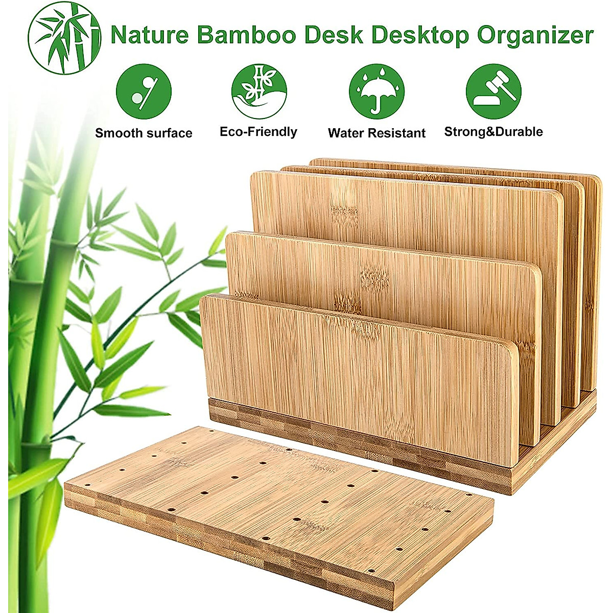 100% Bamboo Desk File Mail Organizer Countertop, 4 Slots Wood Desktop File Folder Sorter Holder Organizer for Document Letter Envelope Mail Paper Folder Bill Filing, Paper Letter Desk Tray Organizer