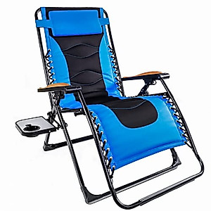 Cecarol XL Oversized Reclining Patio Chair, Zero Gravity Outdoor Lounge Chair Padded Seat, Portable Folding Lawn Recliner with Adjustable Headrest & Cup Holder for Camping, Support 350lbs - Blue