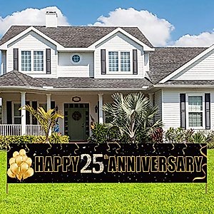 Yoaokiy Happy 25th Anniversary Banner Decorations Supplies, Large 25 Year Wedding Anniversary Party Sign, Black Gold 25 Years Anniversary Backdrop Photo Props for Outdoor Indoor(9.8x1.6ft)