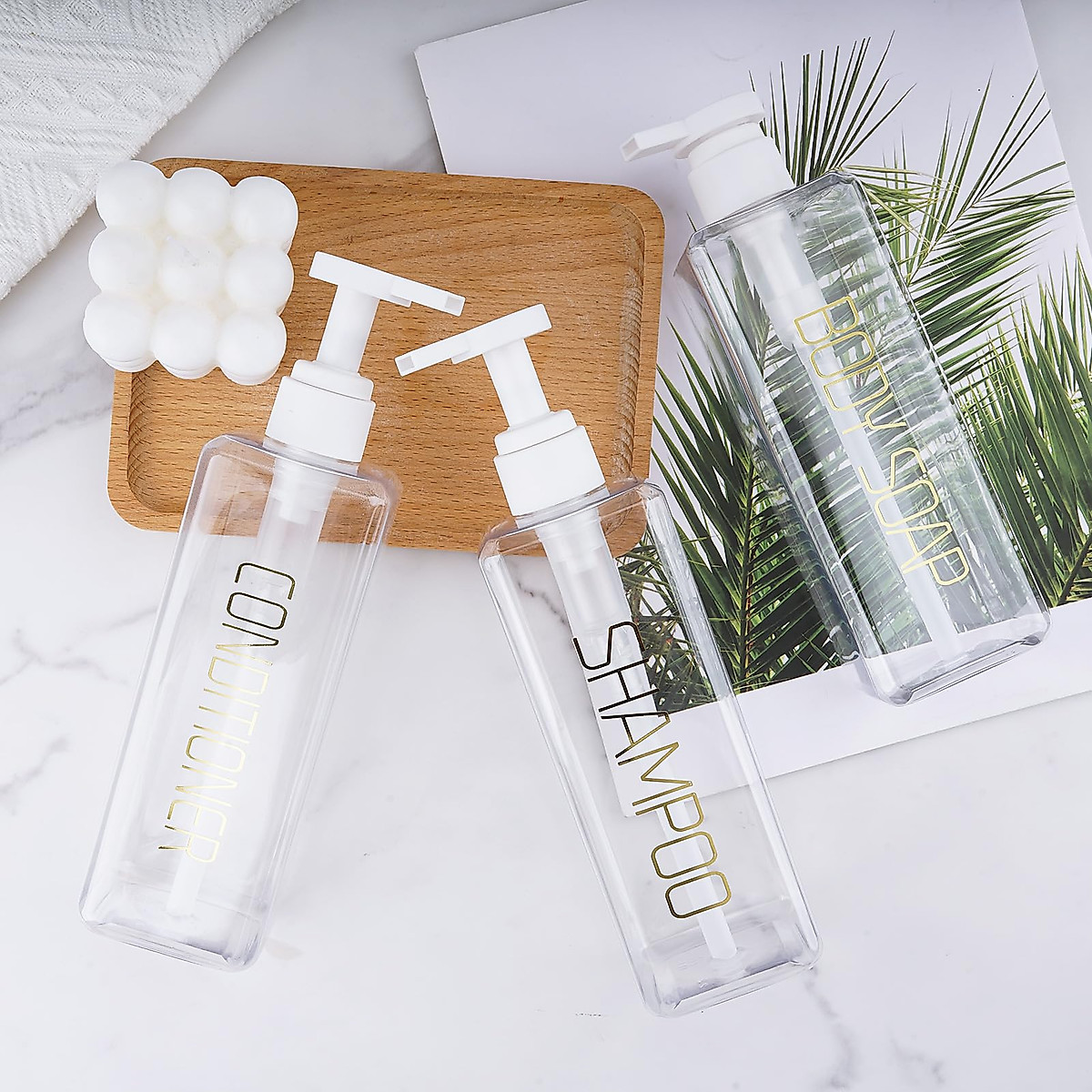 Shampoo and Conditioner Dispenser Shower Soap Bottles 3 Pack 550ml/18.6oz Refillable Shampoo Pump Bottle Dispenser Plastic Empty Body Wash Dispensers with Stylish Permanent Labels for Bathroom (Clear)