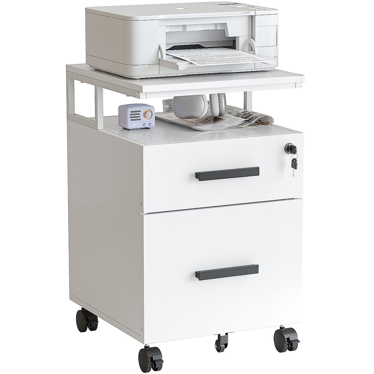 FEZIBO 2-Drawer File Cabinet with Lock for Home Office, Rolling Filing Cabinet, Under Desk Home Office File Cabinet for A4, Letter Size, Printer Stand, Wooden Storage Mobile File Cabinet, White