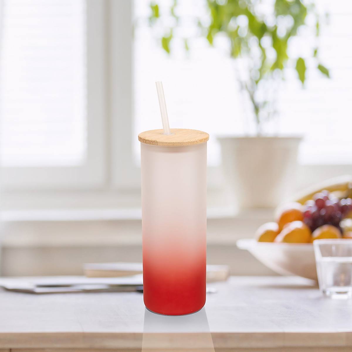 Elanze Designs 25 oz Blank Gradient Frosted Glass Travel Tumbler With Straw & Bamboo Lid For Iced or Hot Beverage, Crimson Red Ombre