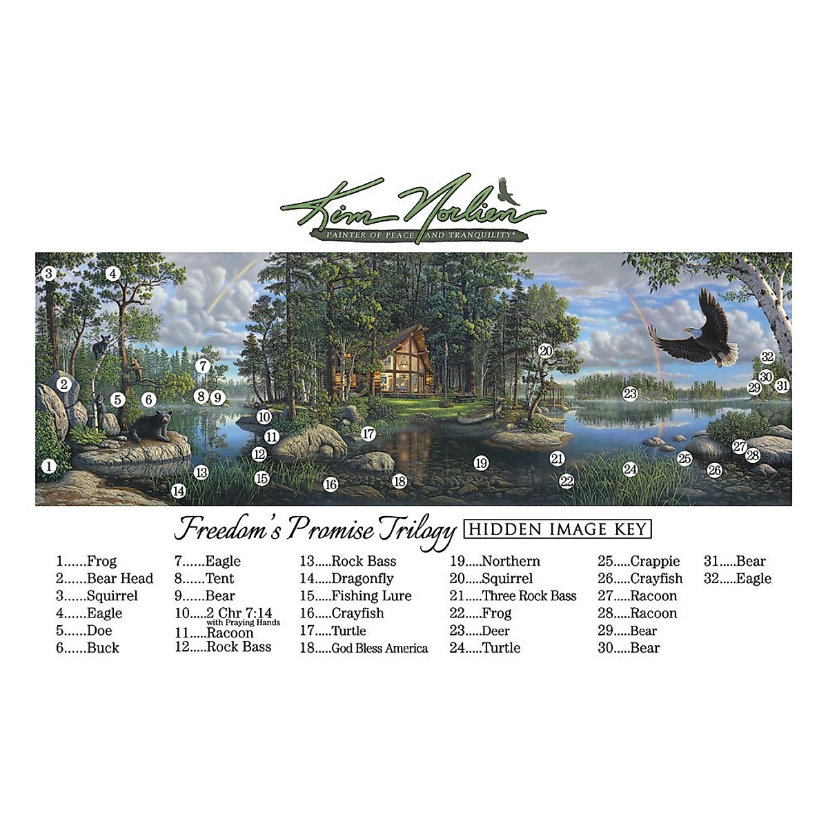 Freedom's Promise Trilogy by Kim Norlien 18x42 God Bless America Rainbow Eagle Bears Log Cabin Lake Hidden Objects Framed Art Print Picture