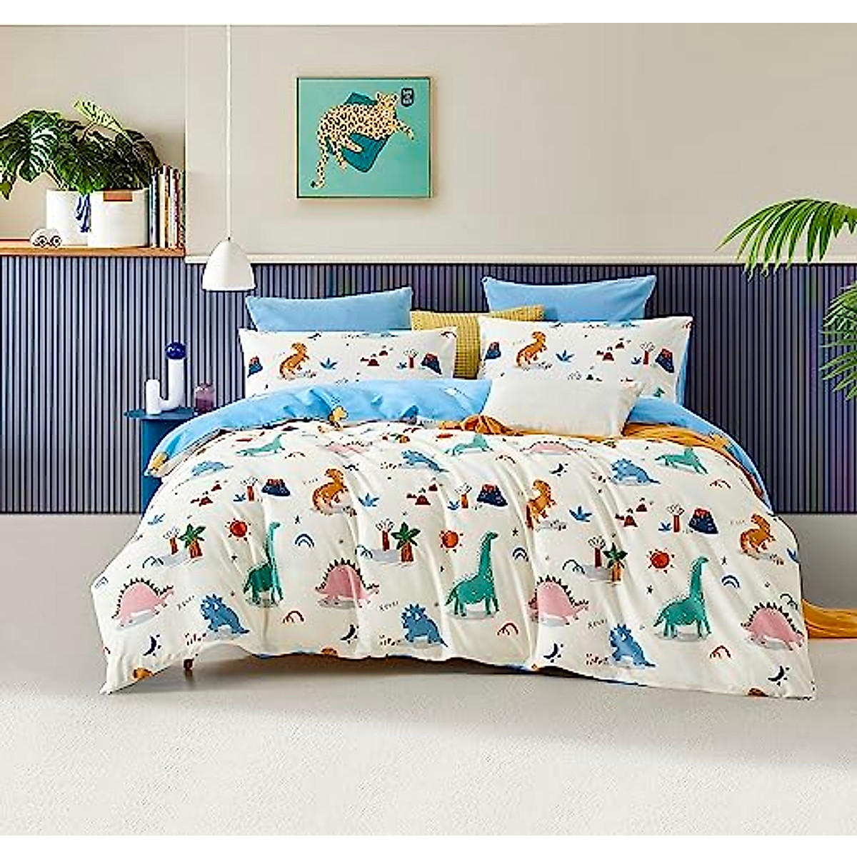 archers Kids Duvet Cover Set – Full, 4 pcs Include Reversible Duvet Cover, Fitted Sheet, 2 Pillowcases | 100% Cotton |Playful, Fun and Cozy Sheet Set | Dinosaur Print