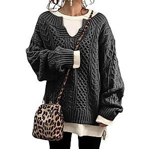 QIBABU Womens Plus Size Sweaters V Neck Cable Knit Long Sleeve Loose Pullover Jumper Top(0959-Grey-L-QB)