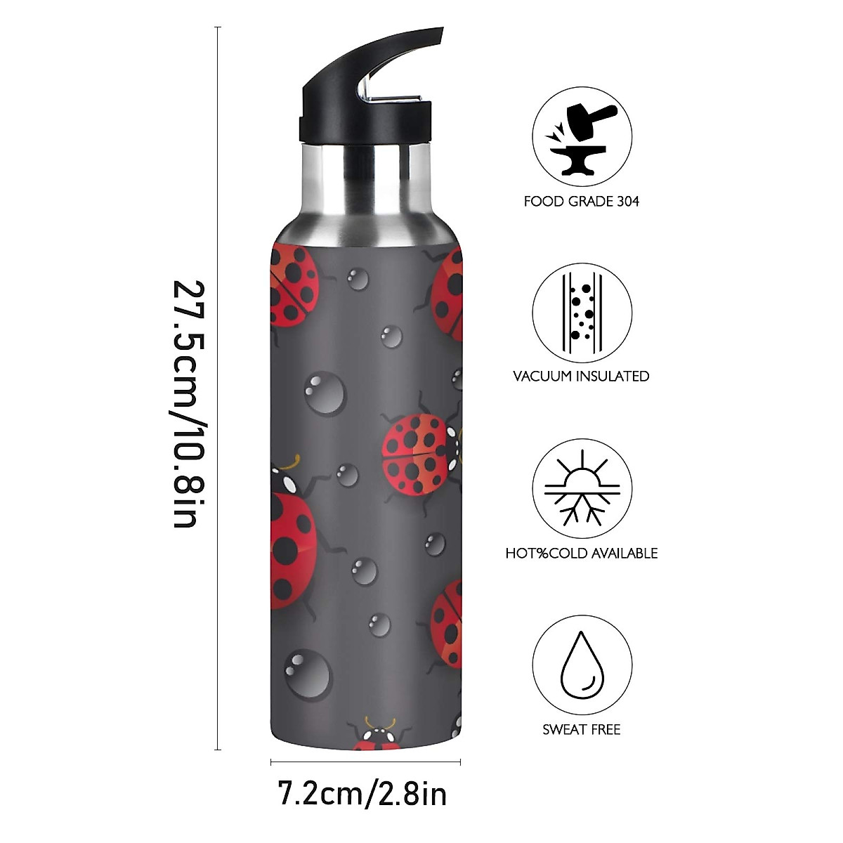 WELLDAY Water Bottle Ladybugs Double Wall Vacuum Insulated Flask Stainless Steel with Straw Lid 20oz