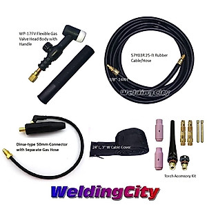 WeldingCity 150-amp WP-17FV (Flexible Head w/Gas Valve) Air-cooled TIG Welding Torch Complete Package with 25-ft Power Cable Hose and Dinse 35-50 (Solid 1/2"-pin) Cable Adapter (with Separate Gas)