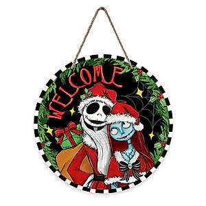 Deroro Welcome Christmas Jack Skellington Front Door Sign, Sally Xmas Gift Wood Door Hanger Outdoor Outside Porch Decor, Funny Holiday Wooden Wreath Indoor Wall Hanging Decoration