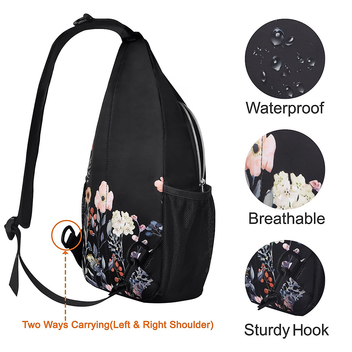 MOSISO Sling Backpack, Multipurpose Travel Hiking Daypack Garden Flowers Rope Crossbody Shoulder Bag, Black