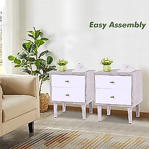 kinbor Modern Nightstand Set of 2, Side End Table Bedside Tables with 2 Storage Drawers and Solid Wood Legs, Night Stands for Bedroom Living Room, Gray/White