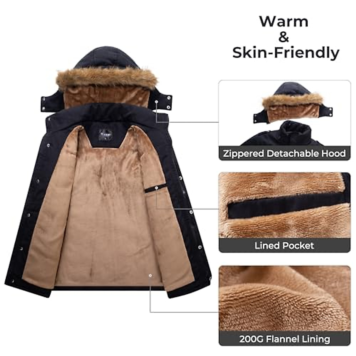 Yozai Men's Winter Coats, Warm Winter Jackets for Mens Ski Snow Jacket Snowboard Water Resistant Jacket Mountain Windbreaker Detachable Hooded Parka Black Medium