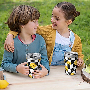 PAYOHTO Funny Melt Smile Faces Geometry Pattern Insulated Stainless Steel Tumbler 12 oz Thermos Come with Straw Kids Leak-Proof Travel Mug Cup