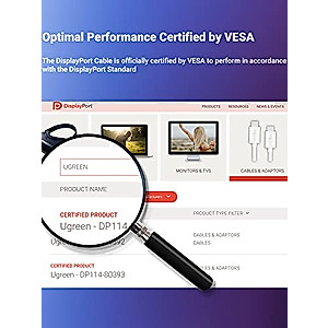 UGREEN VESA Certified 8K DisplayPort Cable 6FT, DP 1.4 Cable Displayport to Displayport Cable Support 8K@60Hz, 4K@144Hz, FreeSync, G-Sync, HDR, 32.4Gbps for HDTVs, Displays, Monitors, Graphics, PC