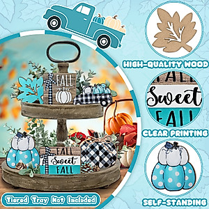 Guoofu Blue Fall Tiered Tray Decor, Pumpkin Farmhouse Tray Decorations, Buffalo Plaid Pumpkin Trucks Maple Leaf Book Stack Wooden Signs, Autumn Thanksgiving Home Decor for Mantel Tabletop Shelf