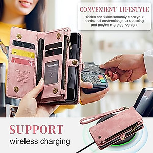 phone flip case Wallet Case Compatible with Samsung Galaxy Z Fold 5,2 in 1 Detachable Premium Leather Magnetic Zipper Pouch Wristlet Flip Phone Case,Matte Soft Leather+TPU Bottom Shell Case W Card Hol