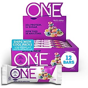 ONE Protein Bars, Fruity Cereal, Gluten Free Protein Bars with 20g Protein and 1g Sugar, Pantry Staples, 2.12 oz (12 Count)