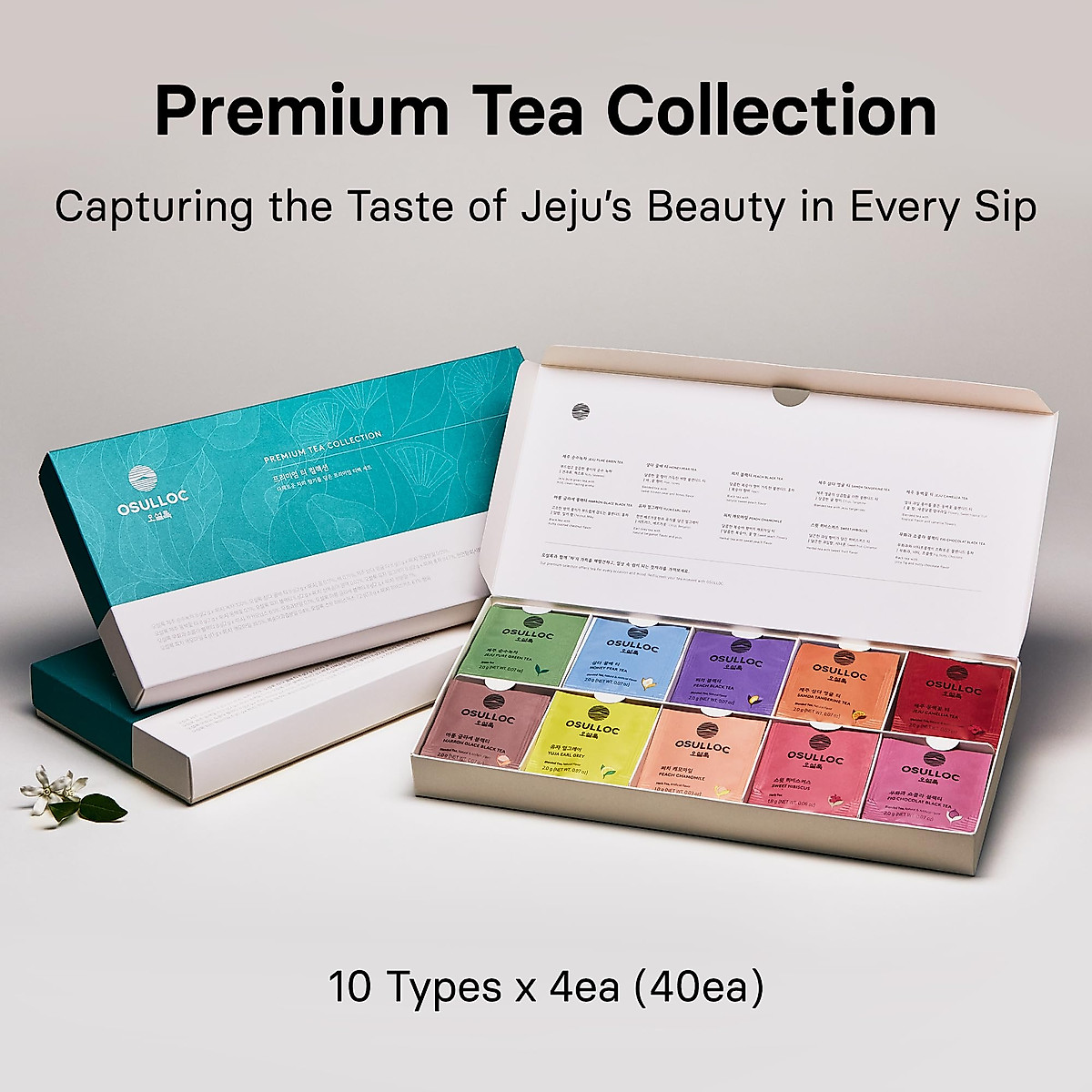 OSULLOC Premium Tea Collection Gift Set, Premium Organic Pure & Blended Tea from Jeju, Tea Bag Series 40 count, 8 flavors x 5 EA