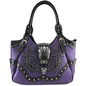 Justin West Tooled Laser Cut Leather Floral Embroidery Rhinestone Buckle Studded Shoulder Concealed Carry Tote Style Handbag Purse (Purple Purse and Wallet Set)