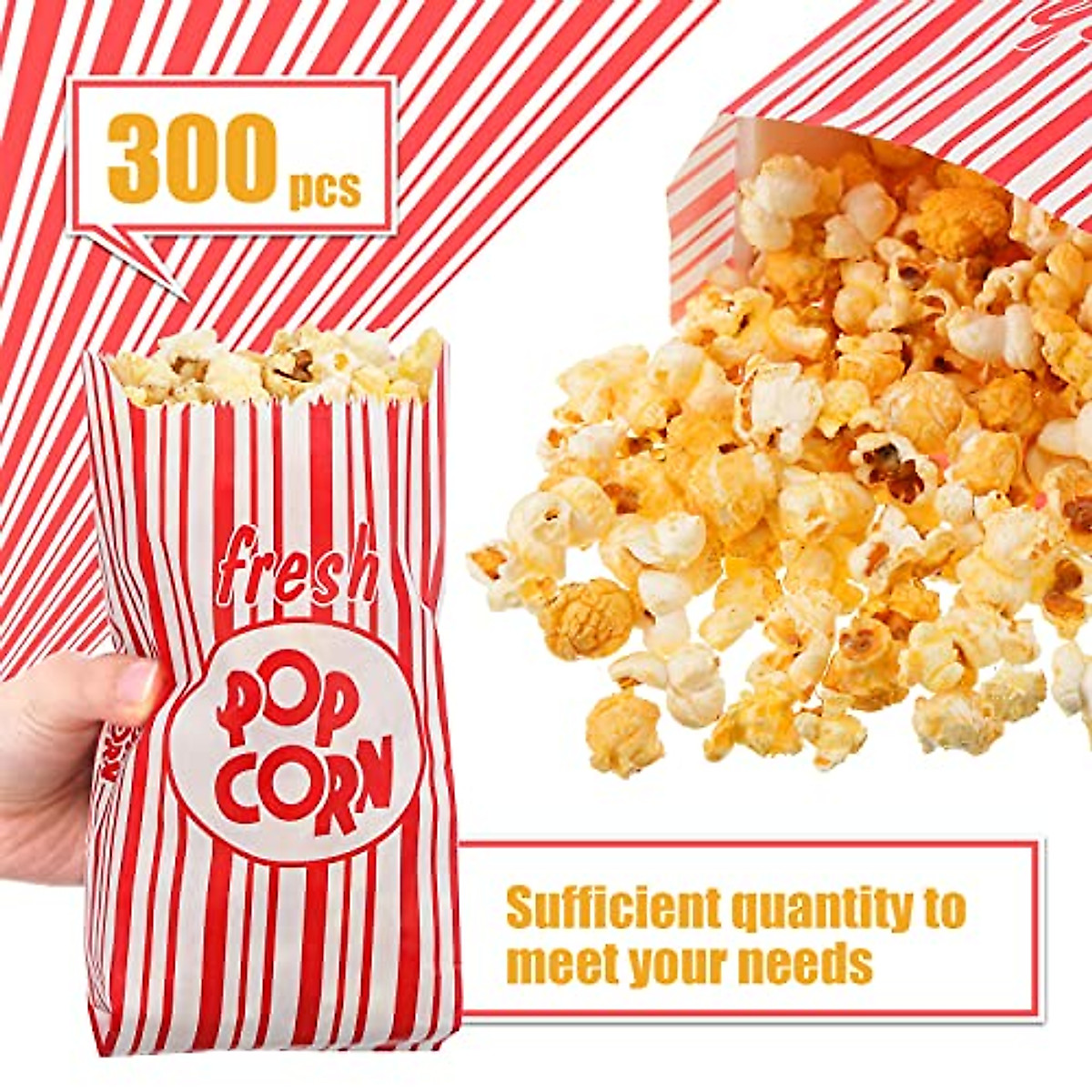 300 Pcs Paper Popcorn Bags Bulk Popcorn Bags Individual Servings Paper Sleeves Vintage Red and White Striped Pop Corn Bags for Party Movie Night Carnival Supplies Popcorn Machine Accessories (2 oz)