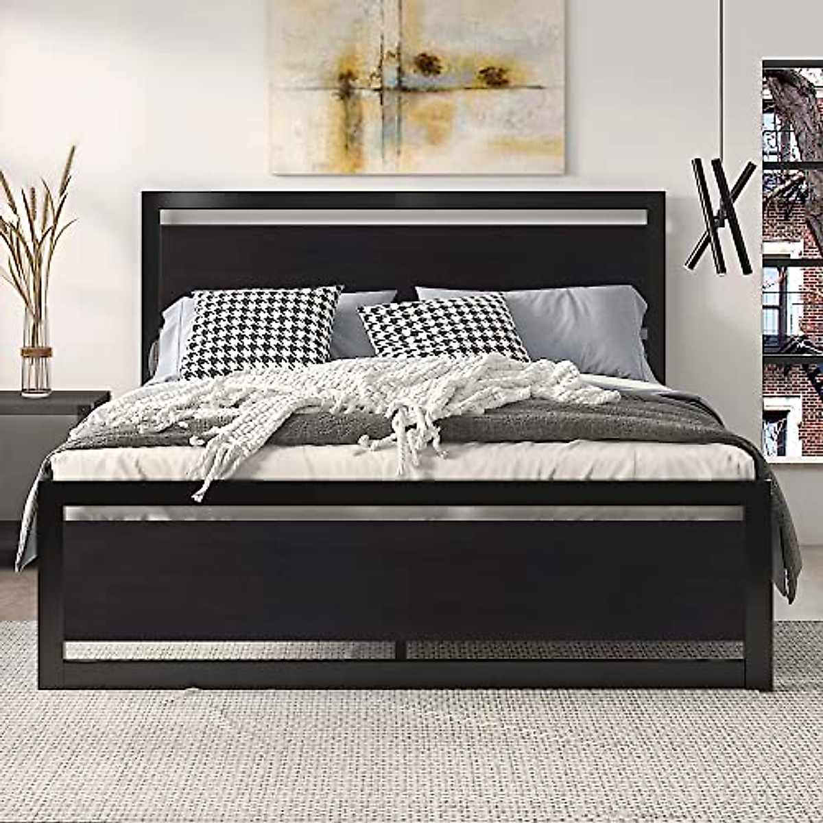 SHA CERLIN Full Size Bed Frame with Modern Wooden Headboard/Heavy Duty Platform Metal Bed Frame with Square Frame Footboard & 13 Strong Metal Slats Support/No Box Spring Needed, Black
