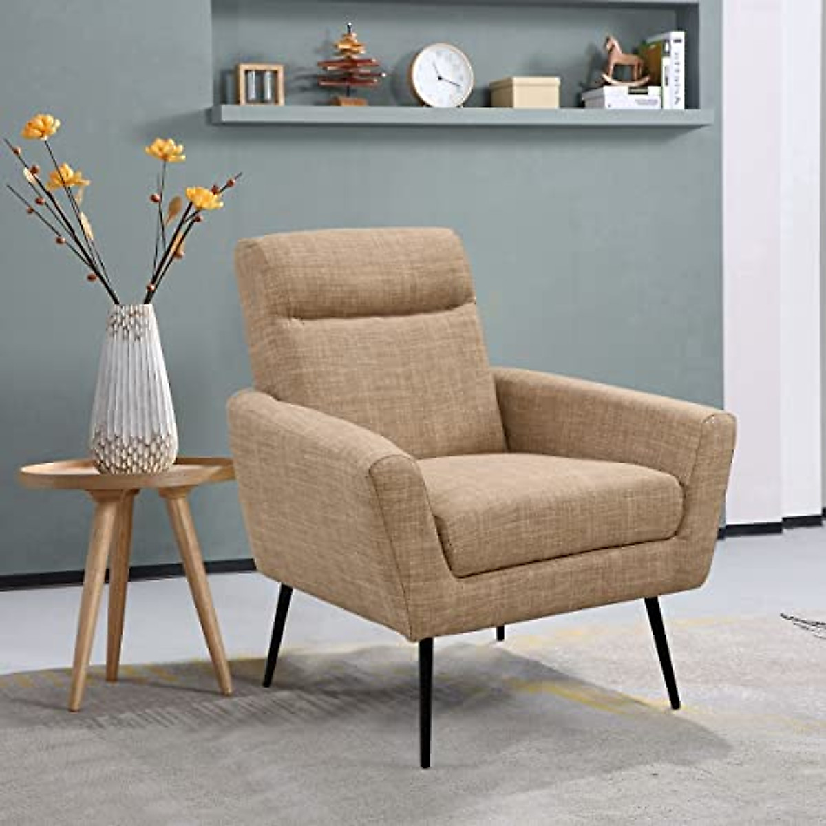 Tiokop Mid Century Modern Upholstered Fabric Accent, Living Room, Bedroom Leisure Single Sofa (Metal Legs),TV armrest seat,Suitable for Small Space Home,Office,Coffee Chair,Light Brown