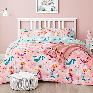 UMCHORD Pink Mermaid Kids Bedding Set for Girls, Twin Size 5 Pieces Bed in a Bag, Super Soft Lightweight Microfiber Comforter Set with Sheets, Hotel Quality Durable Children Bed Set