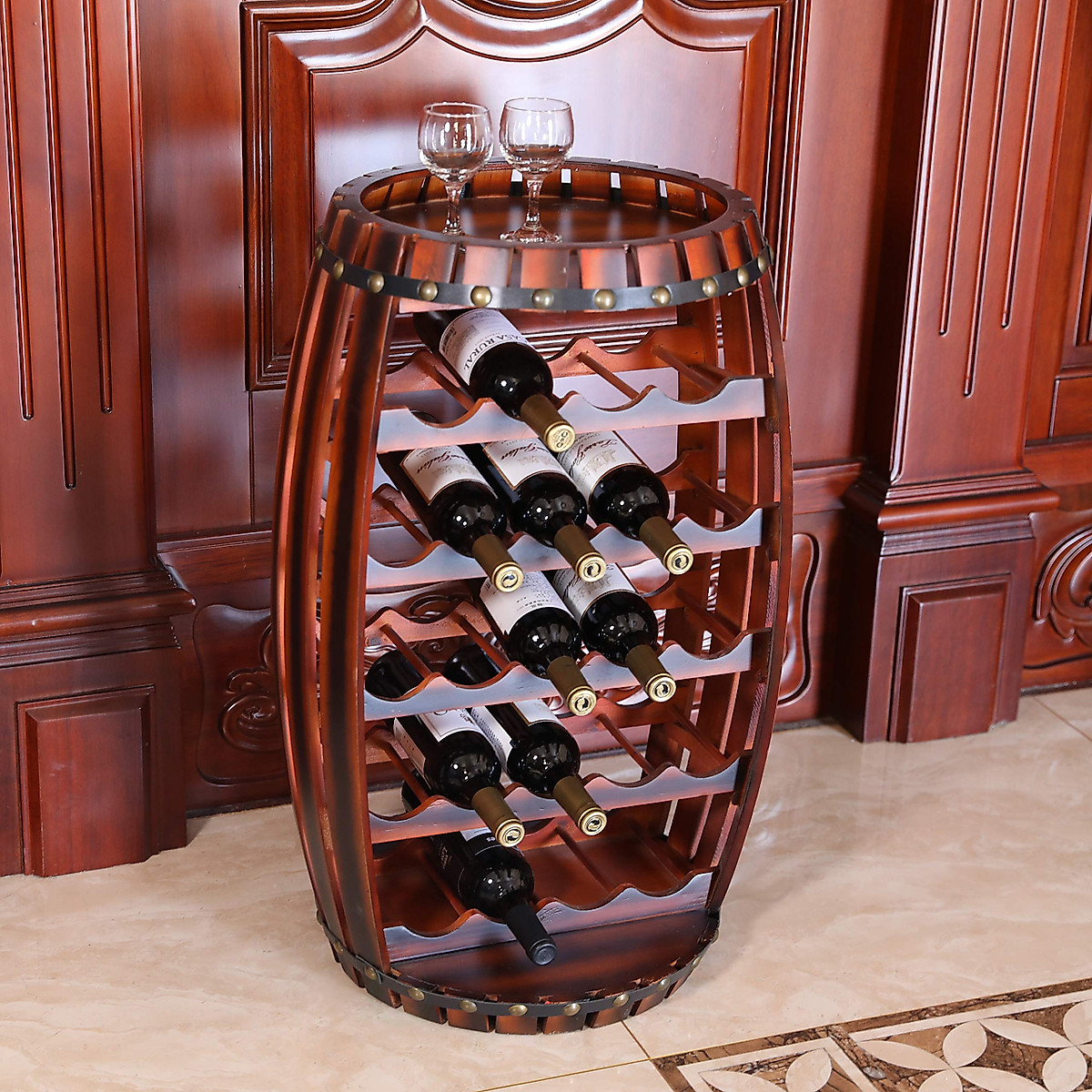 Vintiquewise Large Wooden Barrel Shaped 23 Bottle Wine Rack
