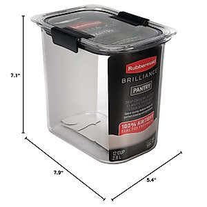 Rubbermaid Brilliance Airtight Food Storage Container for Pantry with Lid for Flour, Sugar, and Rice, 12-Cup, Clear/Grey