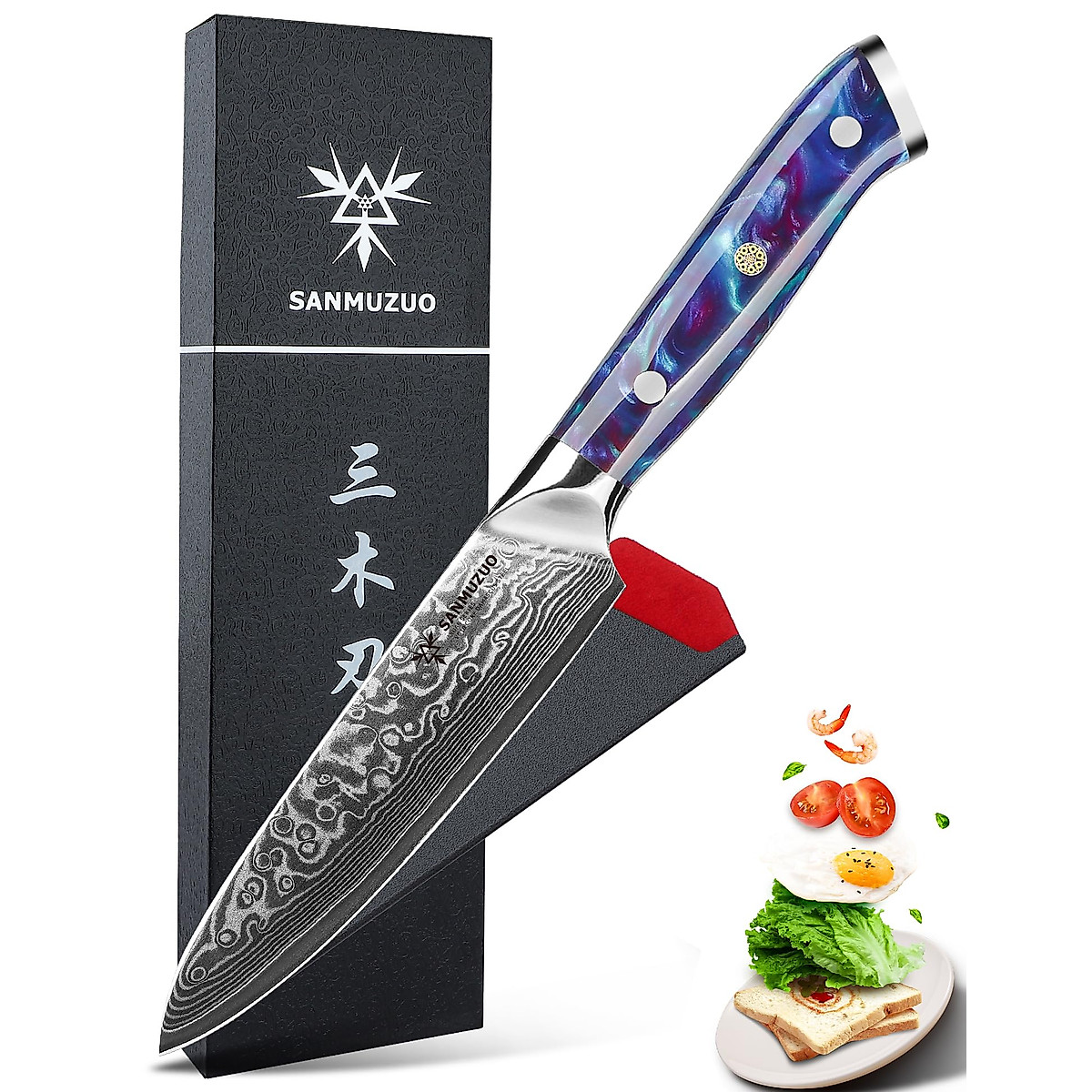 SANMUZUO 5 Inch Kitchen Utility Knife - Xuan Series - VG10 Damascus Steel Kitchen Knives - Resin Handle (Sapphire Blue)