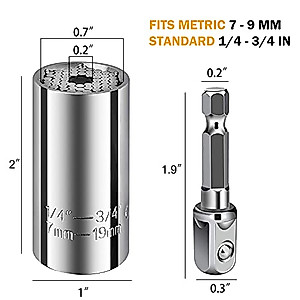 YAOGNAHS Universal Socket, 1/4"-3/4" (7mm to 19mm) Ratchet Universal Socket Set with Wrench Power Drill Adapter - Best Tool Present for Handyman Men Husband Father Boyfriend Him (Silver)
