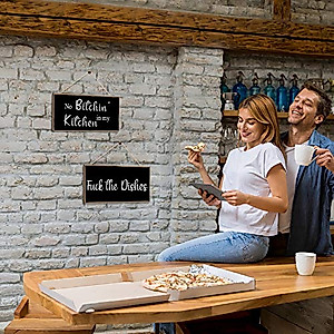 Jetec 2 Pieces Funny Kitchen Signs the Dishes Hanging Wall Art Sign No Bitchin in My Kitchen Rustic Wooden Wall Signs Decorative Wood Sign Home Kitchen Decor, 10 x 5 Inch (Stylish)