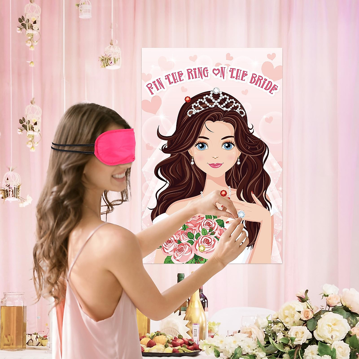 Hxezoc Pin The Ring On The Bride Game With 42 Pcs Rings Large Bridal Party Games Poster for Bridal Shower, Wedding Party, Birthday Party, Carnival Party Supplies