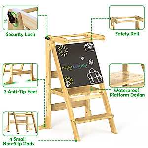 Toddler Tower Foldable - Kids Kitchen Step Stool with 3 Adjustable Heights & Safety Rail, Montessori Tower with Chalkboard for Learning, Standing Tower Helper Stool for Kitchen Counter Sink (Natural)