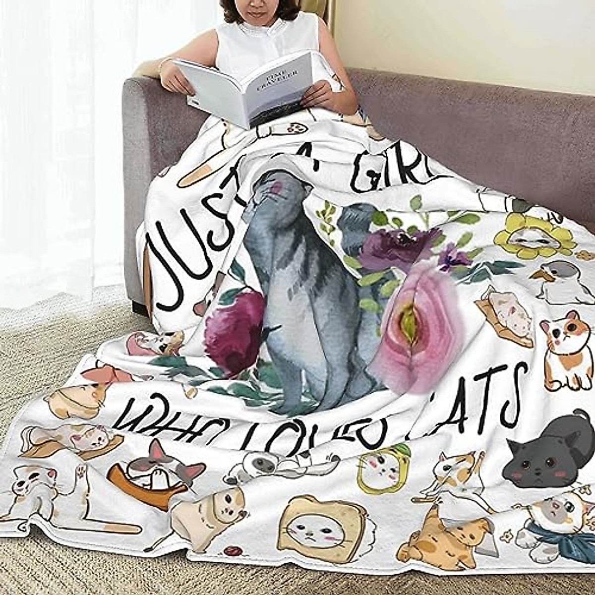 Cat Blanket Ultra Soft Flannel Throw Blanket Just a Girl Who Loves cat Blankets Cat Gifts for Cat Lovers Cozy Lightweight Blankets for Women Kids Adults 50"X 40"