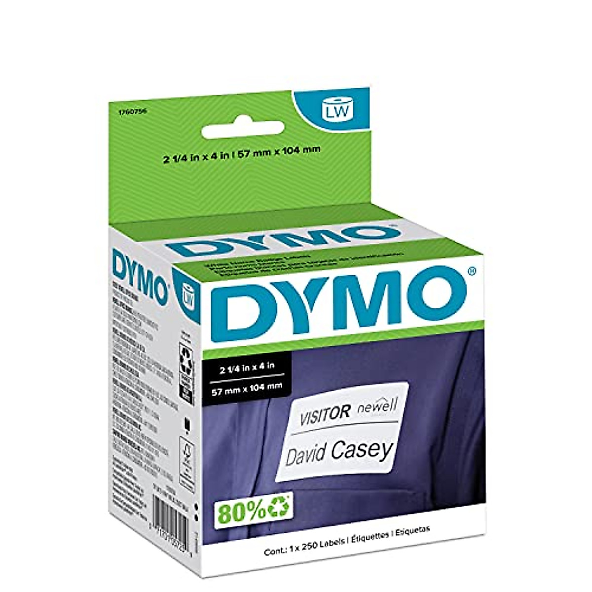 DYMO LW Self-Adhesive Name Badge Labels for LabelWriter Label Printers, White, 2-1/4'' x 4'', 1 roll of 250 (1760756)