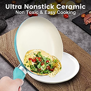 Pots and Pans Set Ultra Nonstick, Pre-assembled 7 Piece Ceramic Cookware Sets, Non Toxic Pots and Pans, Stay Cool Handle & Bamboo Kitchen Utensils, Gas/Induction Compatible, 100% PFOA Free, Turquoise