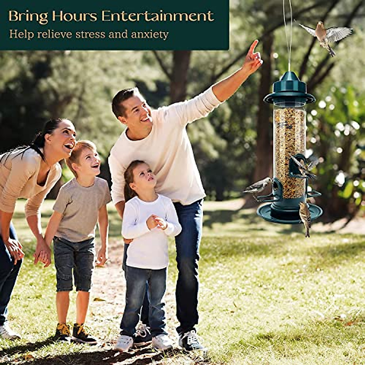 Wiewish Squirrel Proof Bird Feeder for Outdoor Hanging Metal, Plastic Tube Bird Seed Feeder with 4 Ports, Large Capacity, Easy to Fill Metal Birdfeeder for Cardinal, Finch, Blue Jay for Bird Lover