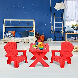 Costzon Kids Table and Chair Set, Outdoor Toddler Activity Table and Adirondack Chairs for Picnic, Garden, Patio, Backyard & Beach, Kids Outdoor Table and Chair Set (Red)