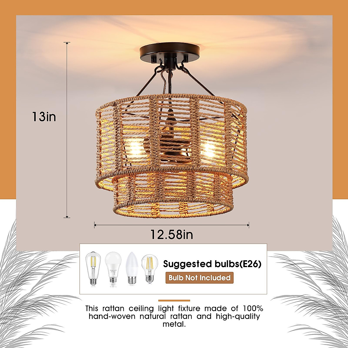Hermasgi 12.6'' Farmhouse Rattan Semi Flush Mount Ceiling Light,Boho Light Fixtures with 2-Tier Drum Hand-Woven Natural Rattan Shade,Rattan Ceiling Lamp for Hallway Bedroom Entryway Living Room
