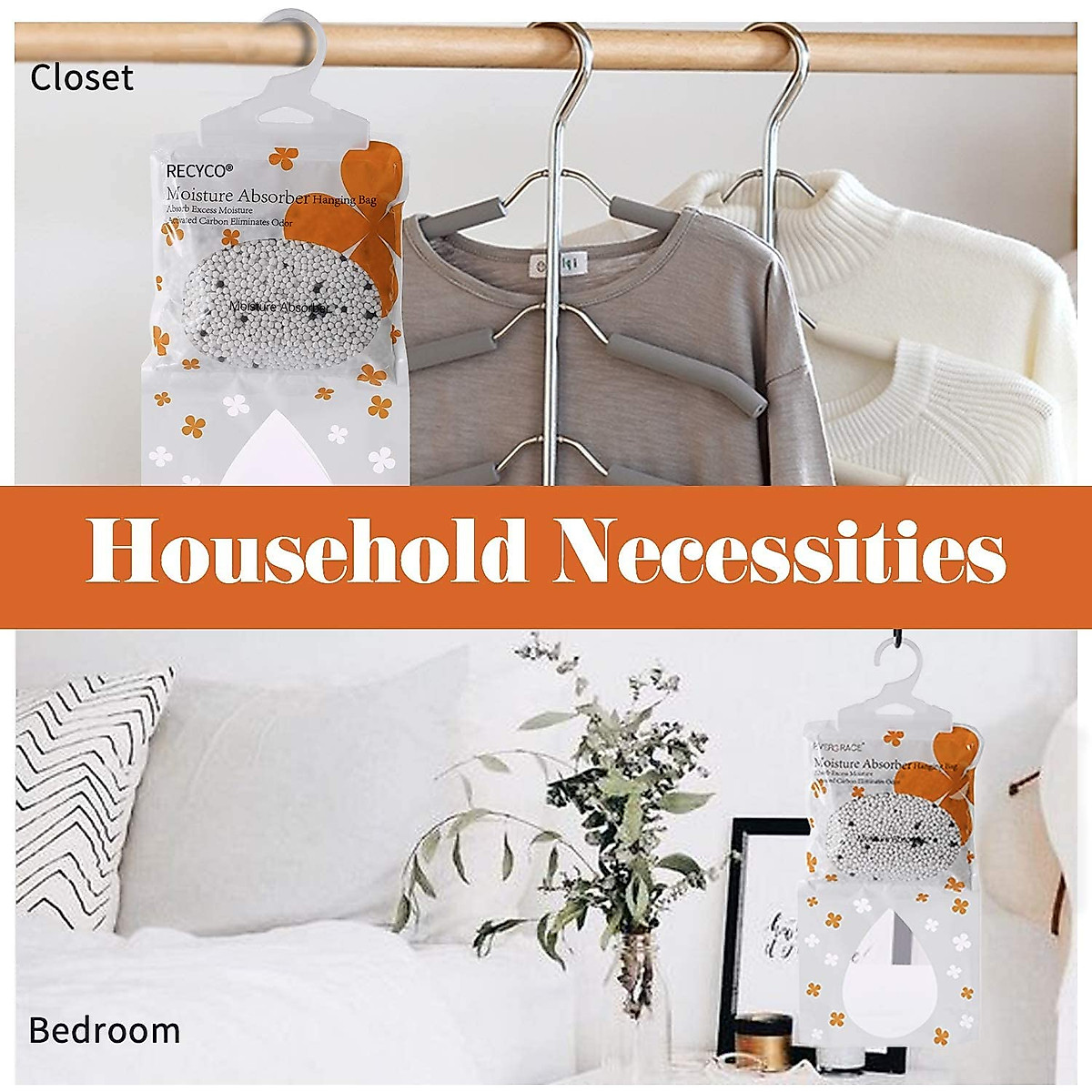 RECYCO 10 Packs 240g Moisture Absorbers Packets Fragrance Free Hanging Dehumidifier Bags for Closet, Basements, Bathroom, Bedroom, Kitchen, Cars, Dormitory, Laundry Rooms