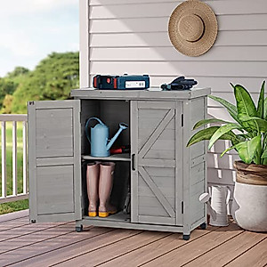 Outdoor Storage Cabinet & Potting Bench Table with Metal Top, Wooden Patio Furniture, Garden Workstation